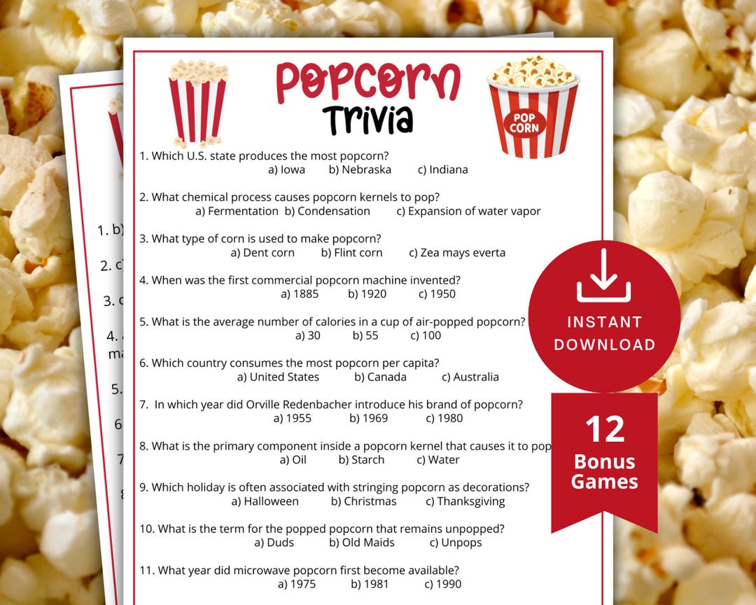 Popcorn Trivia Game, Printable Popcorn Game for Kids & Adults, Popcorn ...