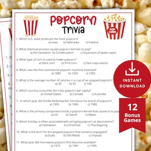 Popcorn Trivia Game, Printable Popcorn Game for Kids & Adults, Popcorn ...