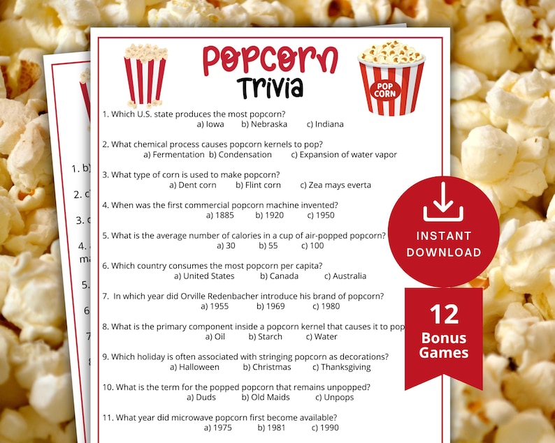 Popcorn Trivia Game, Printable Popcorn Game for Kids & Adults, Popcorn ...