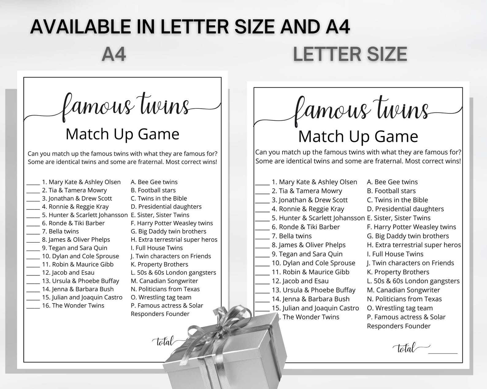 Famous Twins Trivia for Baby Showers, Printable Celebrity Twin Match up ...