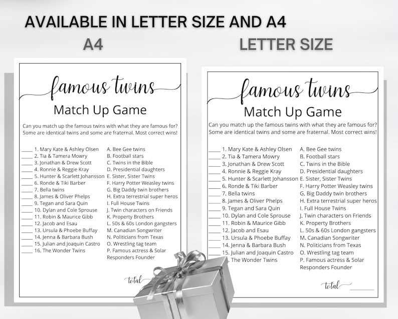 Famous Twins Trivia for Baby Showers, Printable Celebrity Twin Match up ...