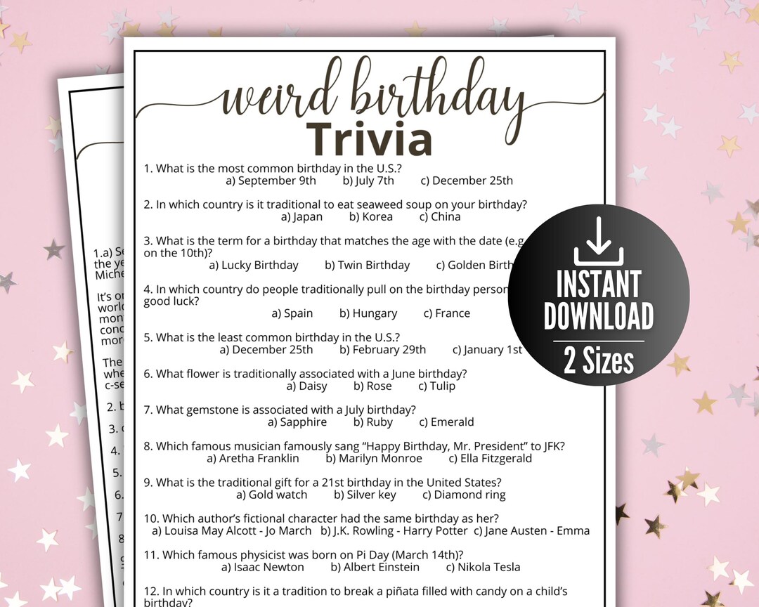 Birthday Trivia Game, Crazy Weird Birthday Quiz, Printable Game for ...