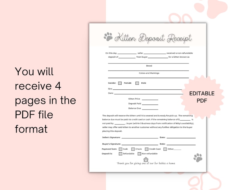 Kitten Deposit Receipt Cat Breeder Forms Printable PDF - Etsy