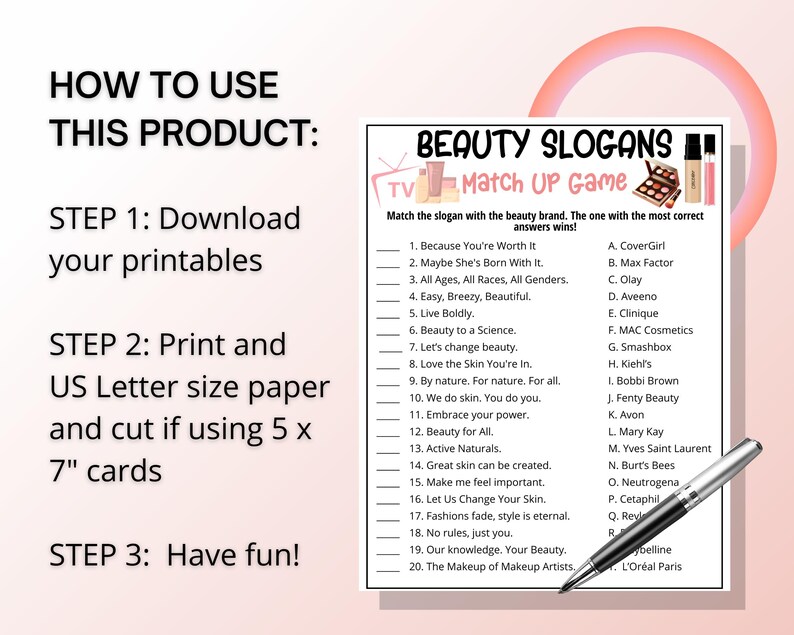 Beauty Brand Slogan Trivia Game, Ad Tagline Match up Quiz, Printable ...