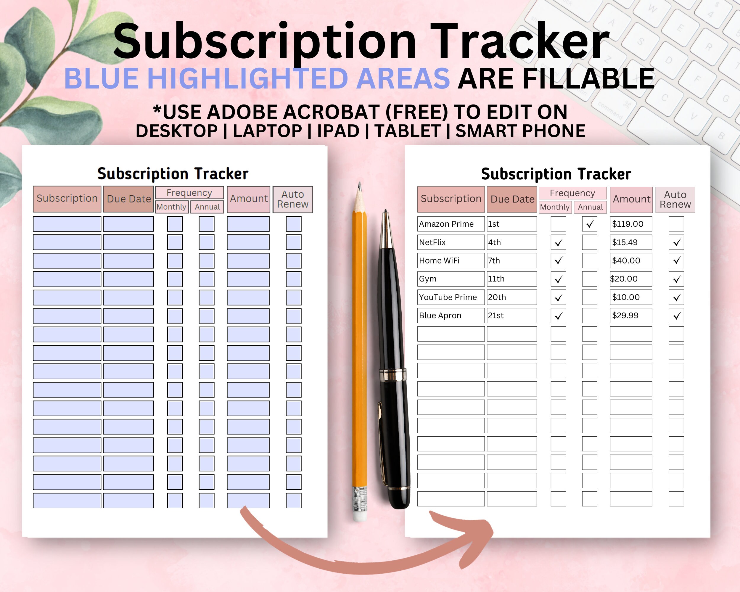 Editable Subscription Tracker Printable Subscription Log - Etsy