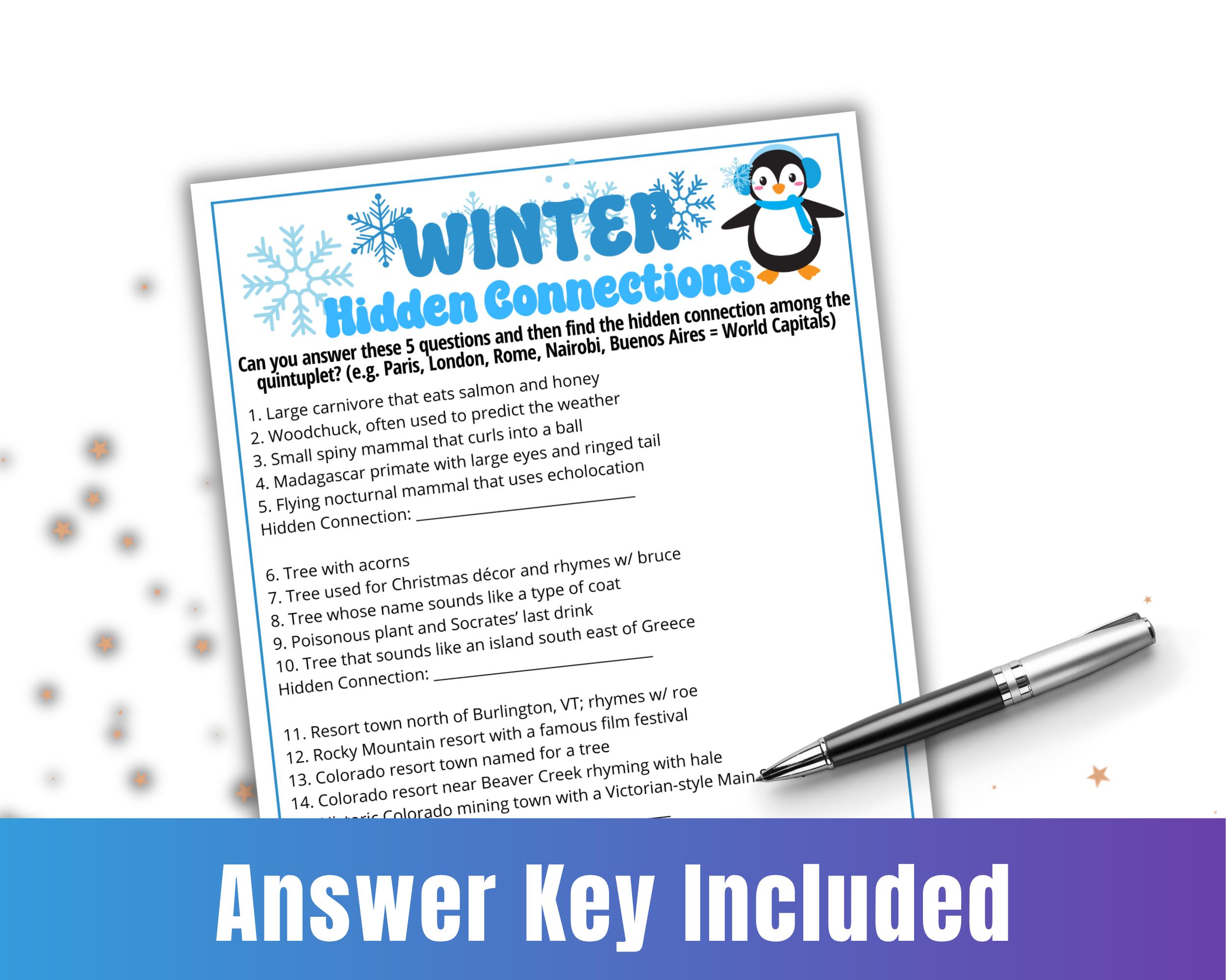 Winter Trivia Game, Winter Hidden Connection Puzzles,printable Quiz for ...