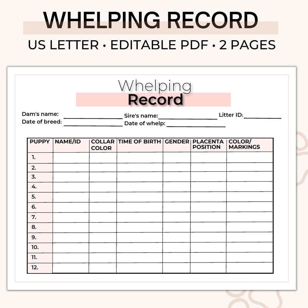 Dog Whelping Record Editable, Dog Breeder Forms, Puppy Whelping Chart ...
