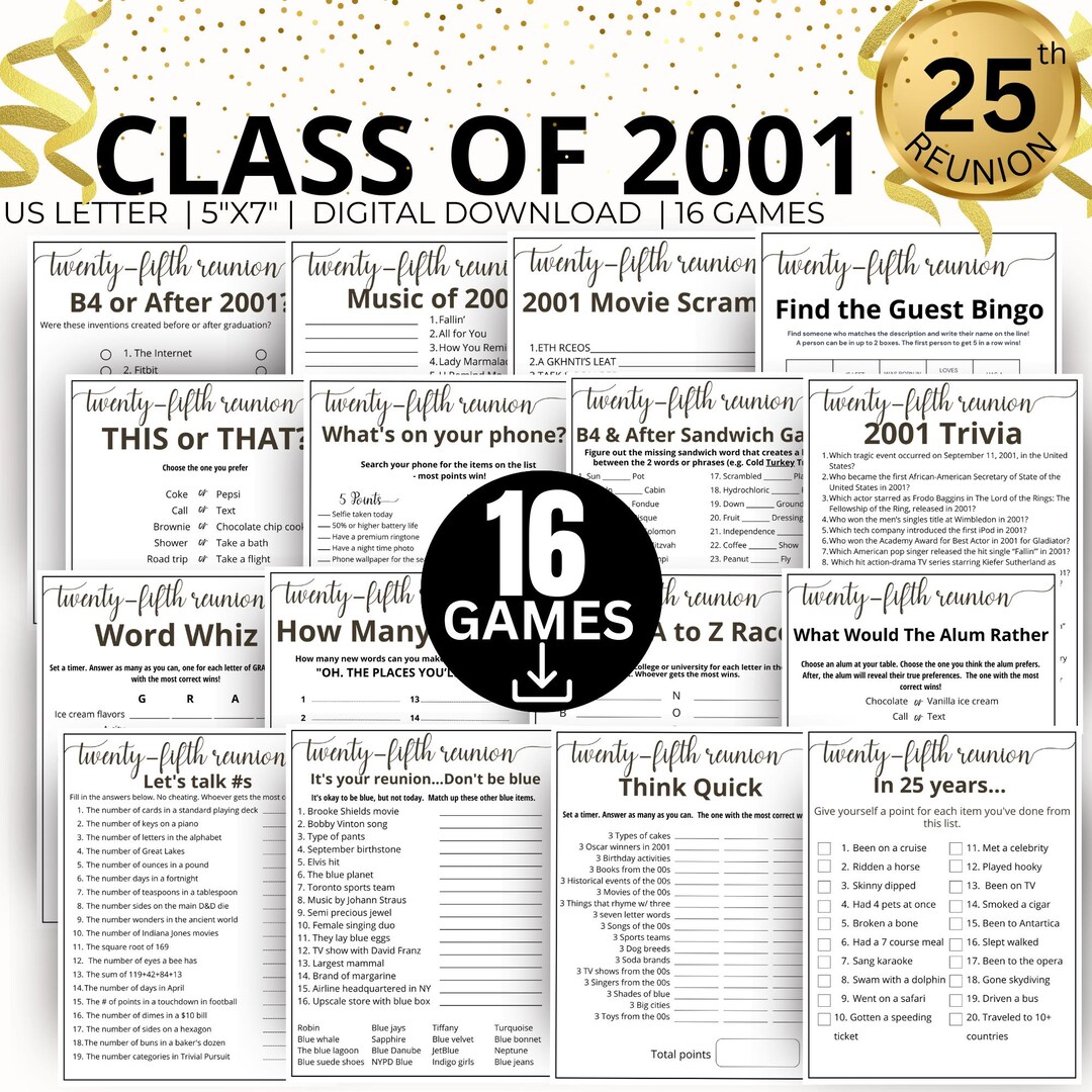 25th Reunion Party Games, Class of 2001 Game Bundle, 2001 Class Reunion ...
