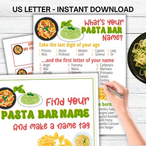 What's Your Pasta Bar Name Game WITH NAMETAGS +SIGN, Pasta Dinner Party ...