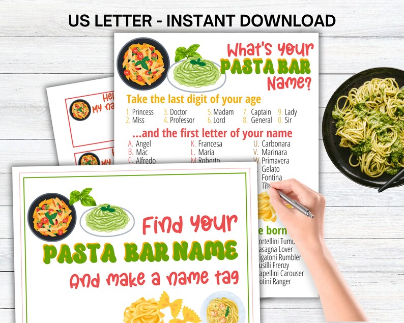 What's Your Pasta Bar Name Game WITH NAMETAGS +SIGN, Pasta Dinner Party ...