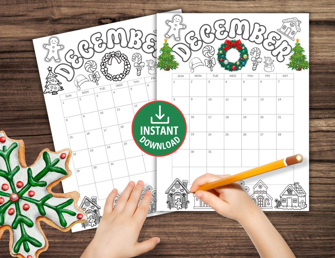Coloring Calendar for December 2024, Monthly Coloring Calendar for Kids ...