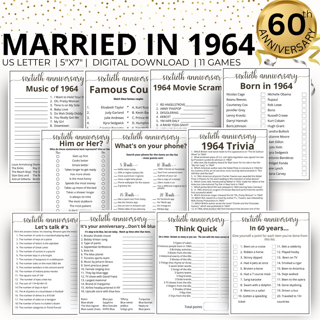 60th Wedding Anniversary Games, Married in 1964 Game, 1964 Anniversary ...
