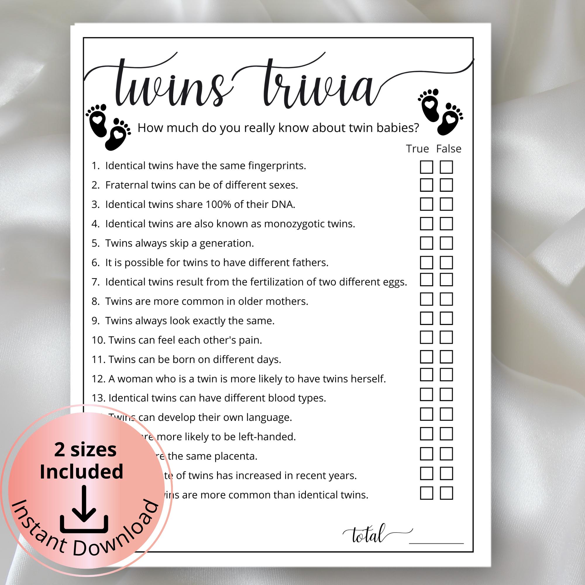 Twins Trivia for Baby Showers, Printable True False Baby Shower Game ...
