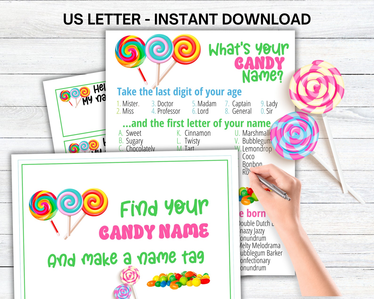 What's Your Candy Name Game WITH NAMETAGS + SIGN, Candy Party Game ...