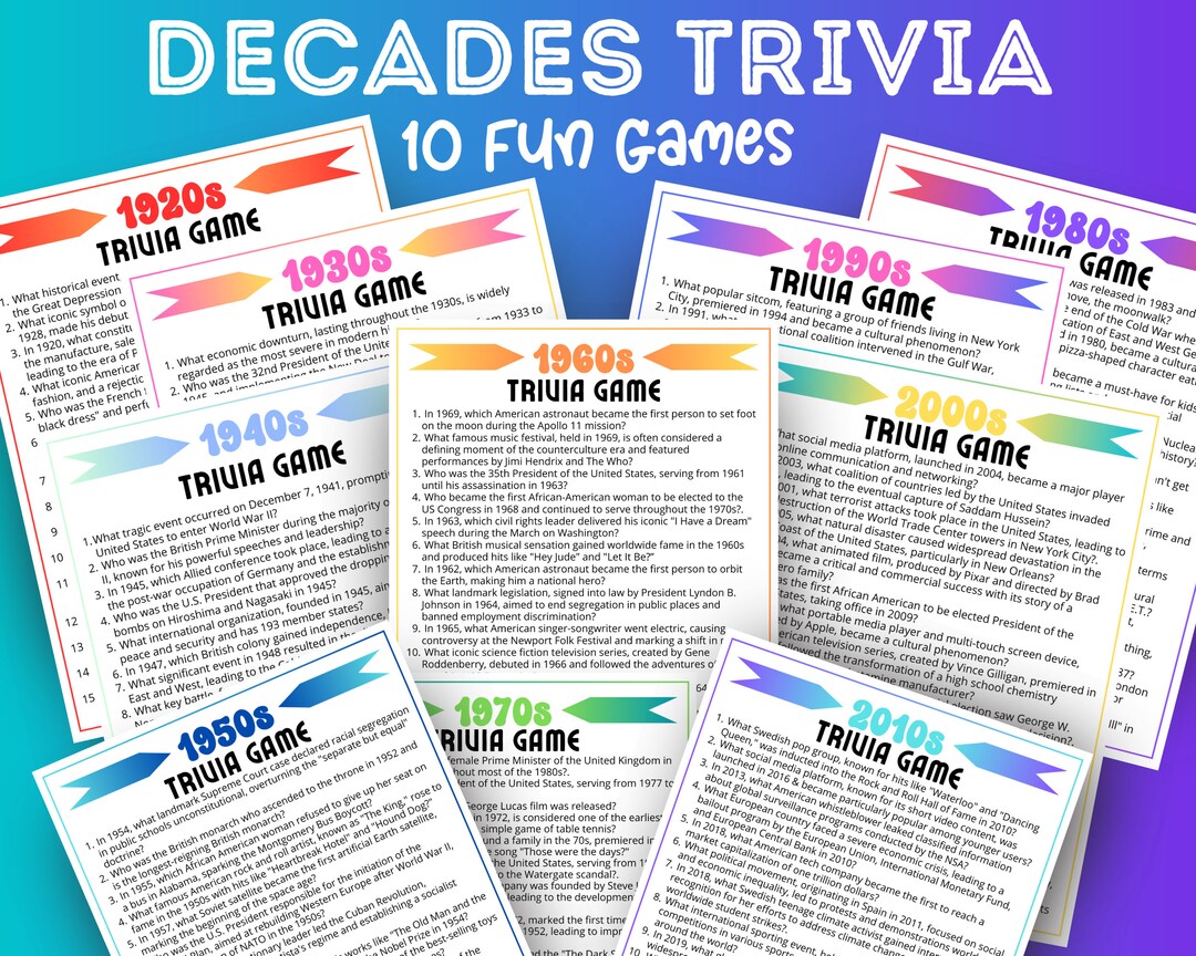 Decades Trivia Game Bundle, Trivia Questions 20s, 30s, 40s, 50s, 60s ...
