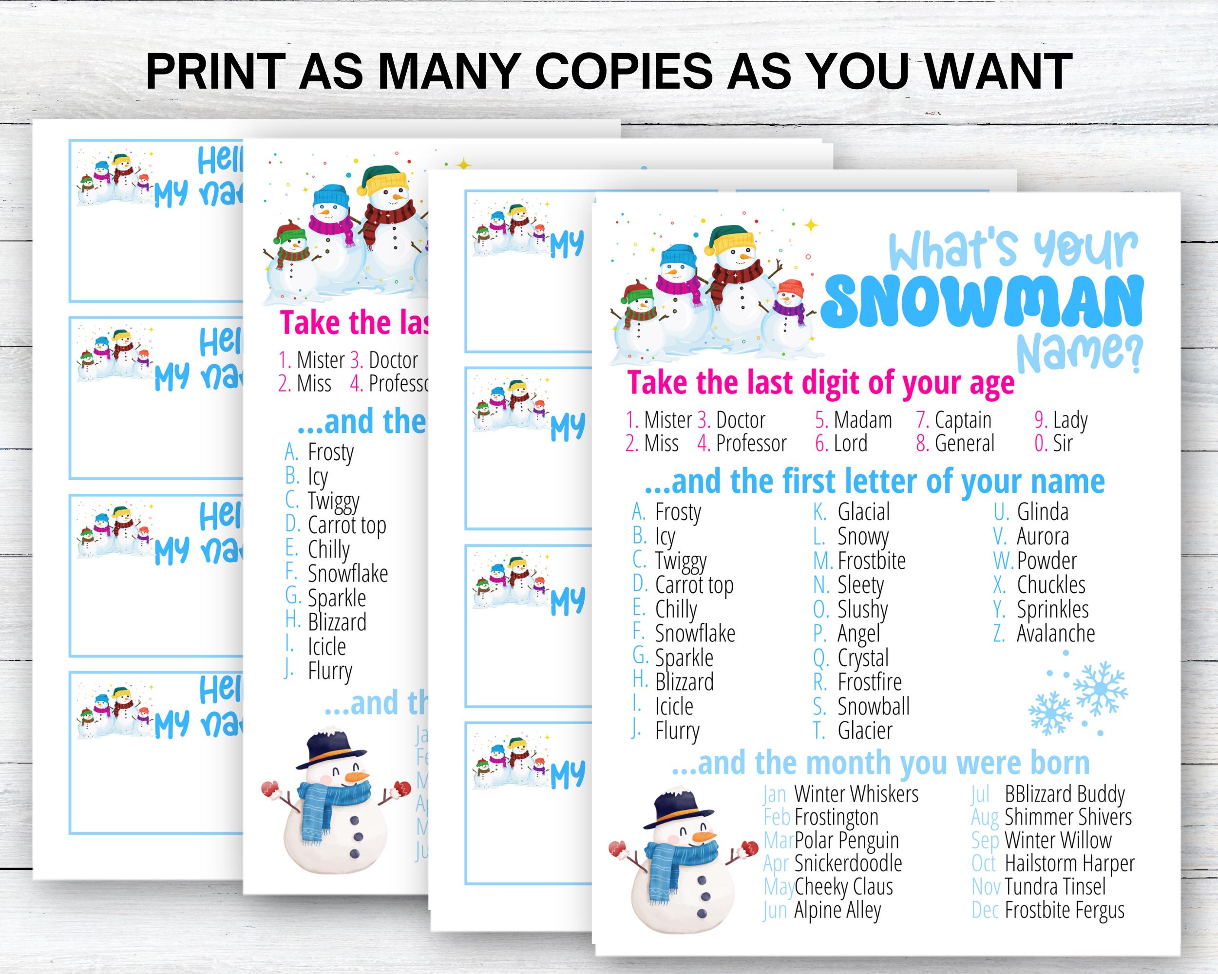 What's Your Snowman Name Game WITH NAMETAGS + SIGN, Winter Christmas ...