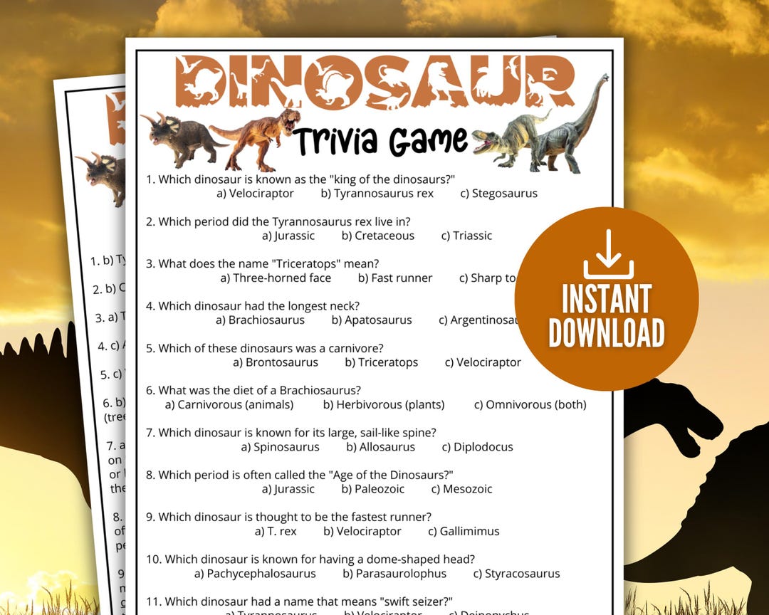 Dinosaur Trivia Game, Printable Dinosaur Game for Kids & Adults, Paleontology Birthday Activity ...
