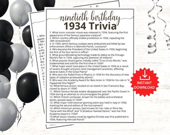 1934 Trivia 90th Birthday Party Game Born in 1934 90th Birthday Game ...