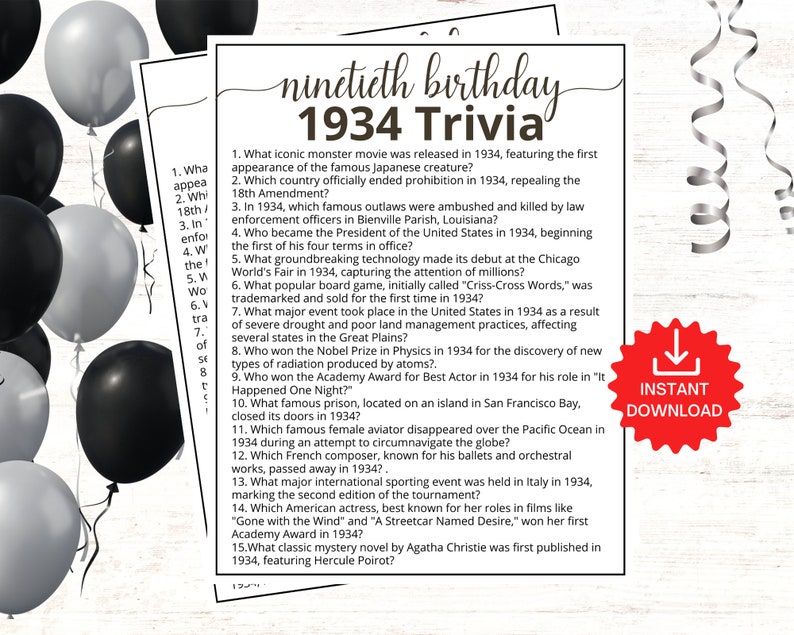 1934 Trivia Game, 90th Birthday Party Games, Born in 1934 Game, 1934 ...