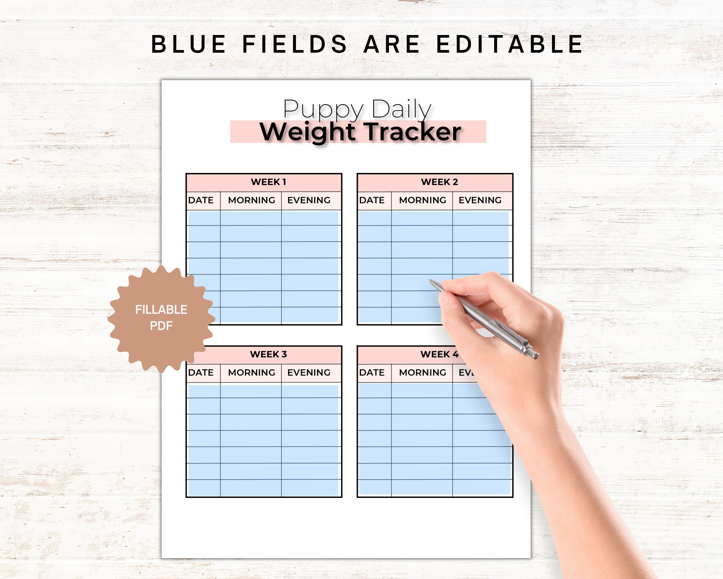 Puppy Daily Weight Tracker - Editable PDF, Dog and Puppy Weight Records ...