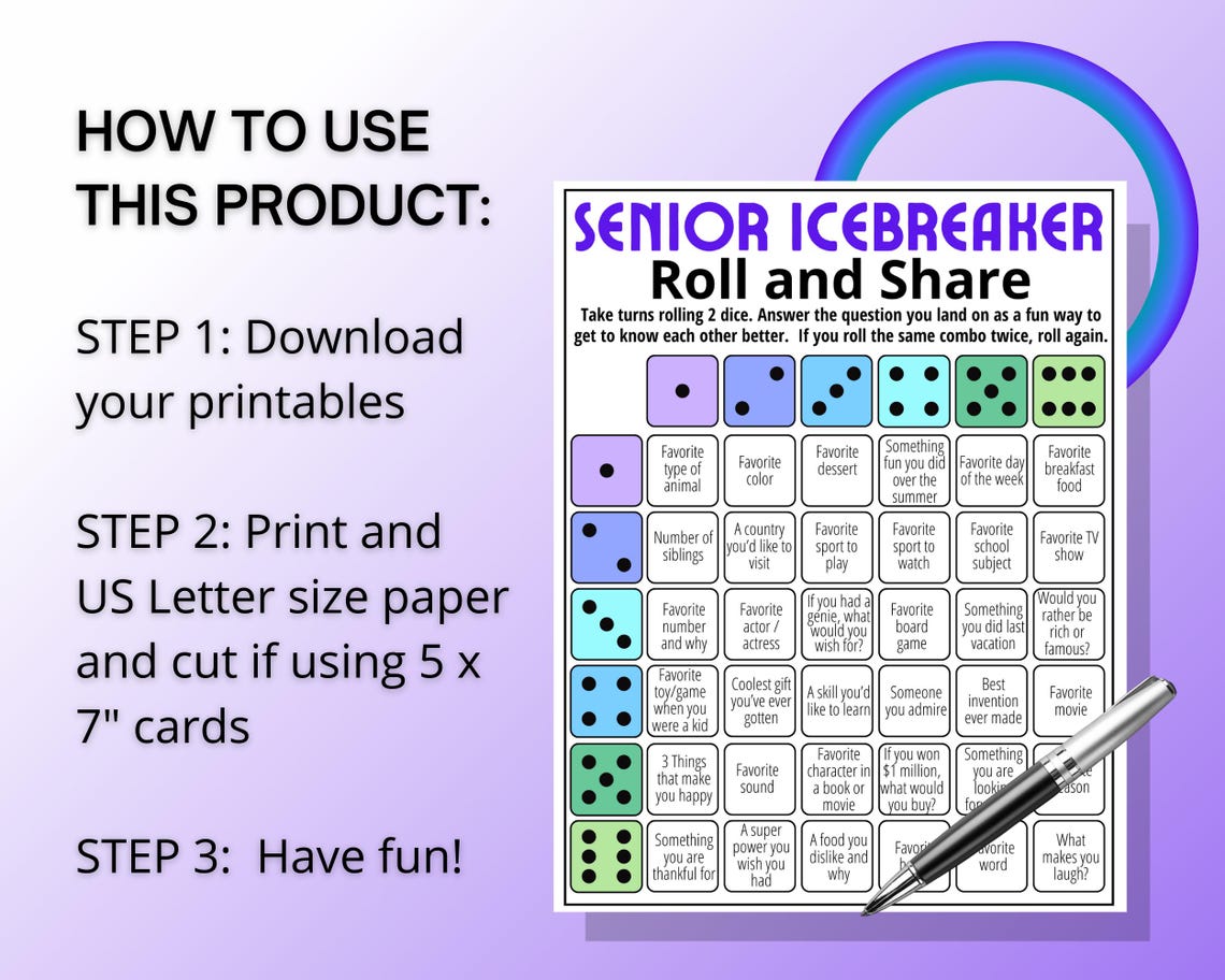 Senior Citizen Get to Know You Icebreaker Game, Table Talk Dice ...
