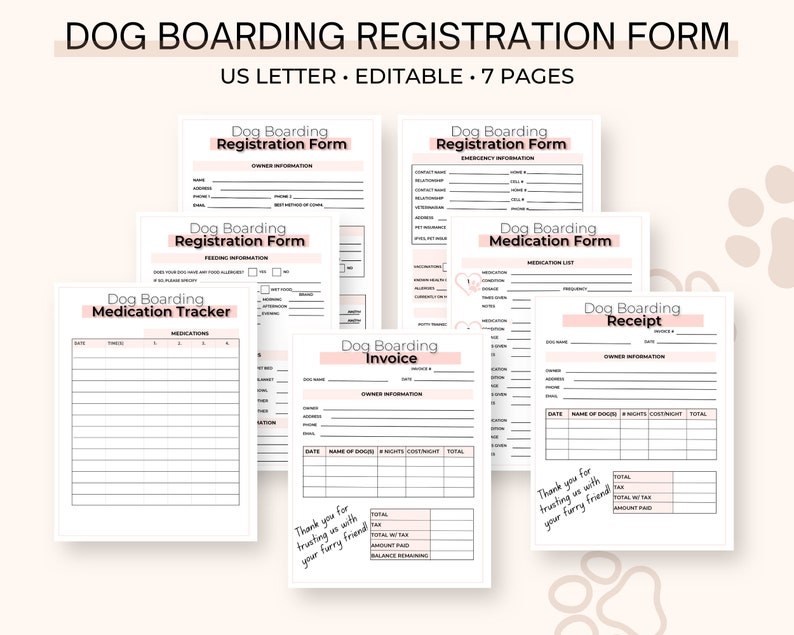 Dog Boarding Registration Forms Fillable PDF D001 - Etsy