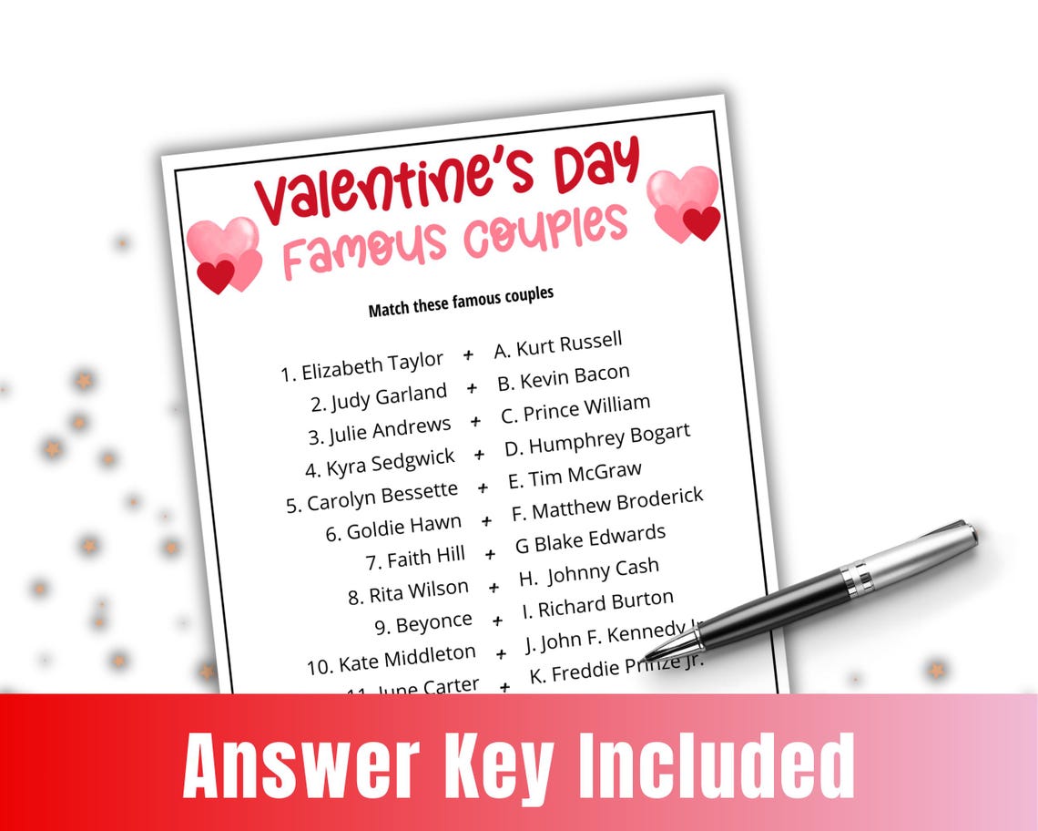 Valentine's Day Famous Couples Trivia Game, Celebrity Pairs, Valentine ...