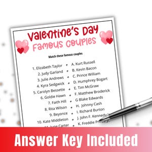 Valentine's Day Famous Couples Trivia Game, Celebrity Pairs, Valentine ...