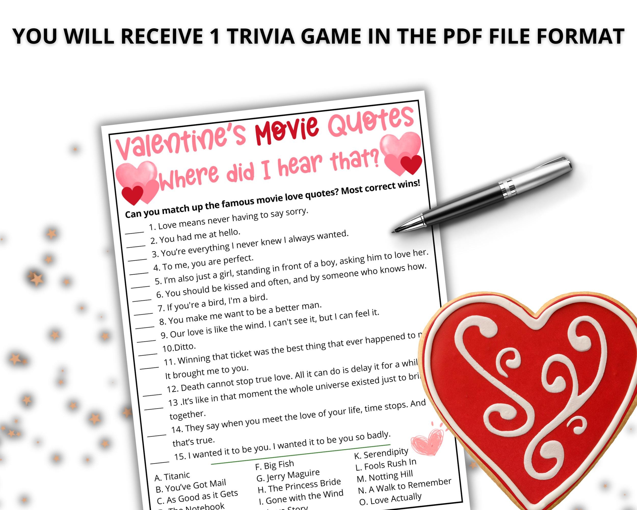 Valentine's Day Movie Quote Trivia Game, Rom Com Movie Quotes ...
