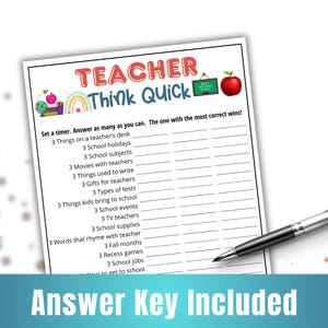Teacher Think Quick Trivia Game,teacher Party,back to School Trivia ...