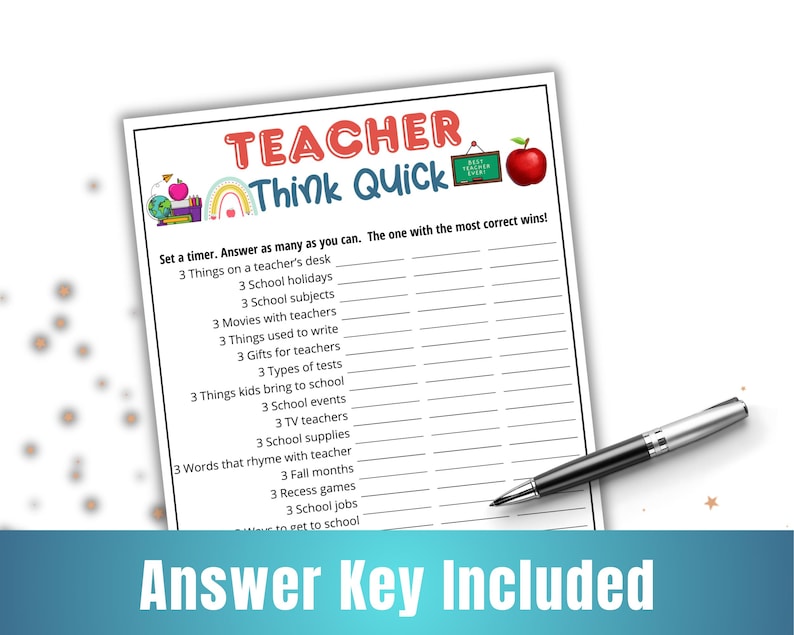 Teacher Think Quick Trivia Game,teacher Party,back to School Trivia ...