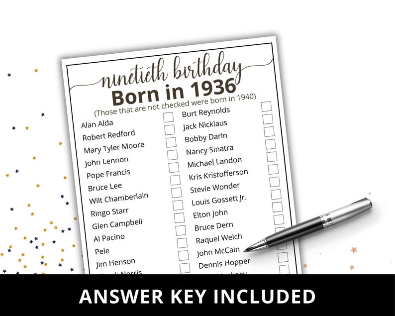 90th Birthday Party Games, Born in 1936 Game, 1936 Birthday Games, 90th ...