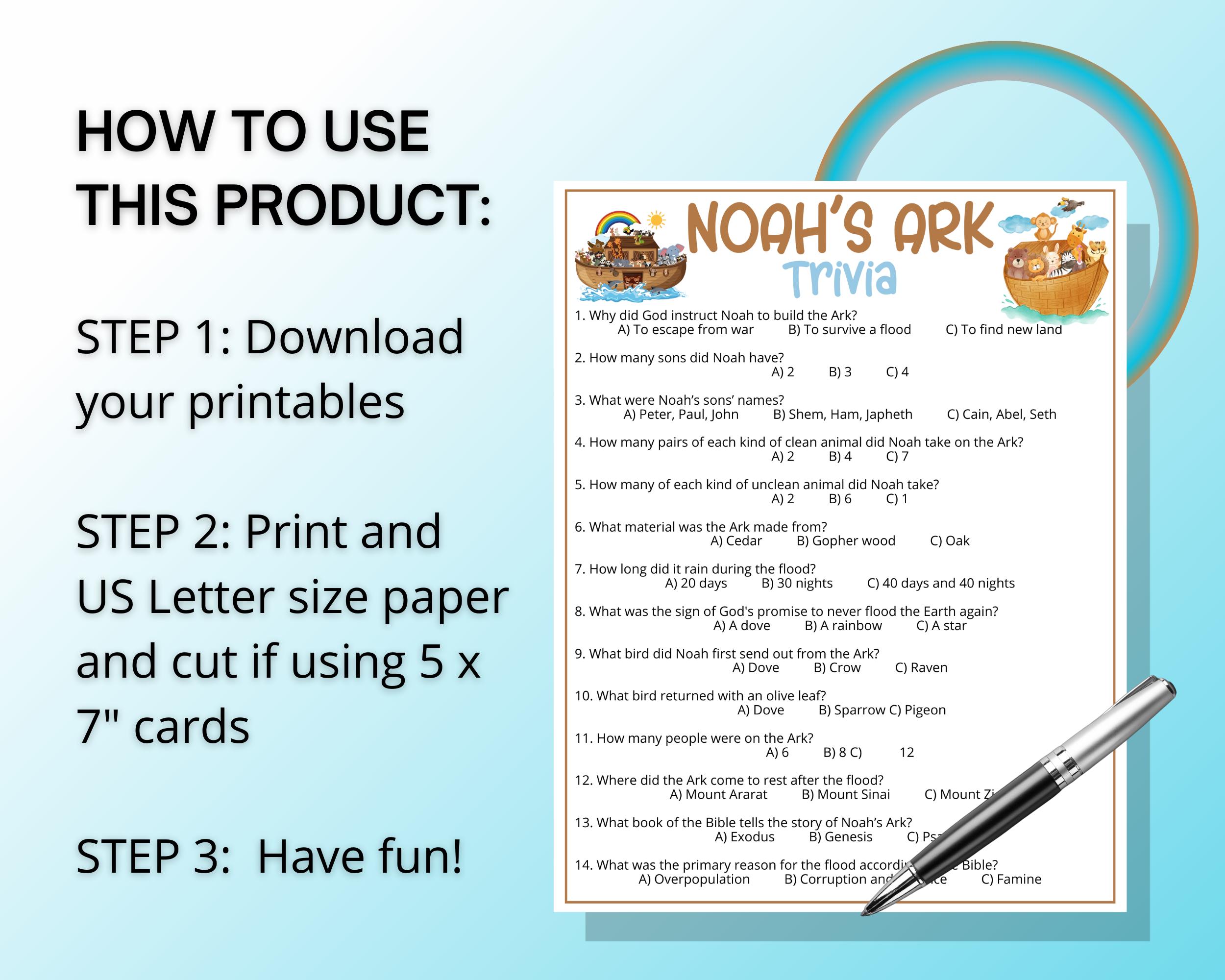Noah's Ark Trivia Game for Kids, Sunday School Bible Games, Old ...