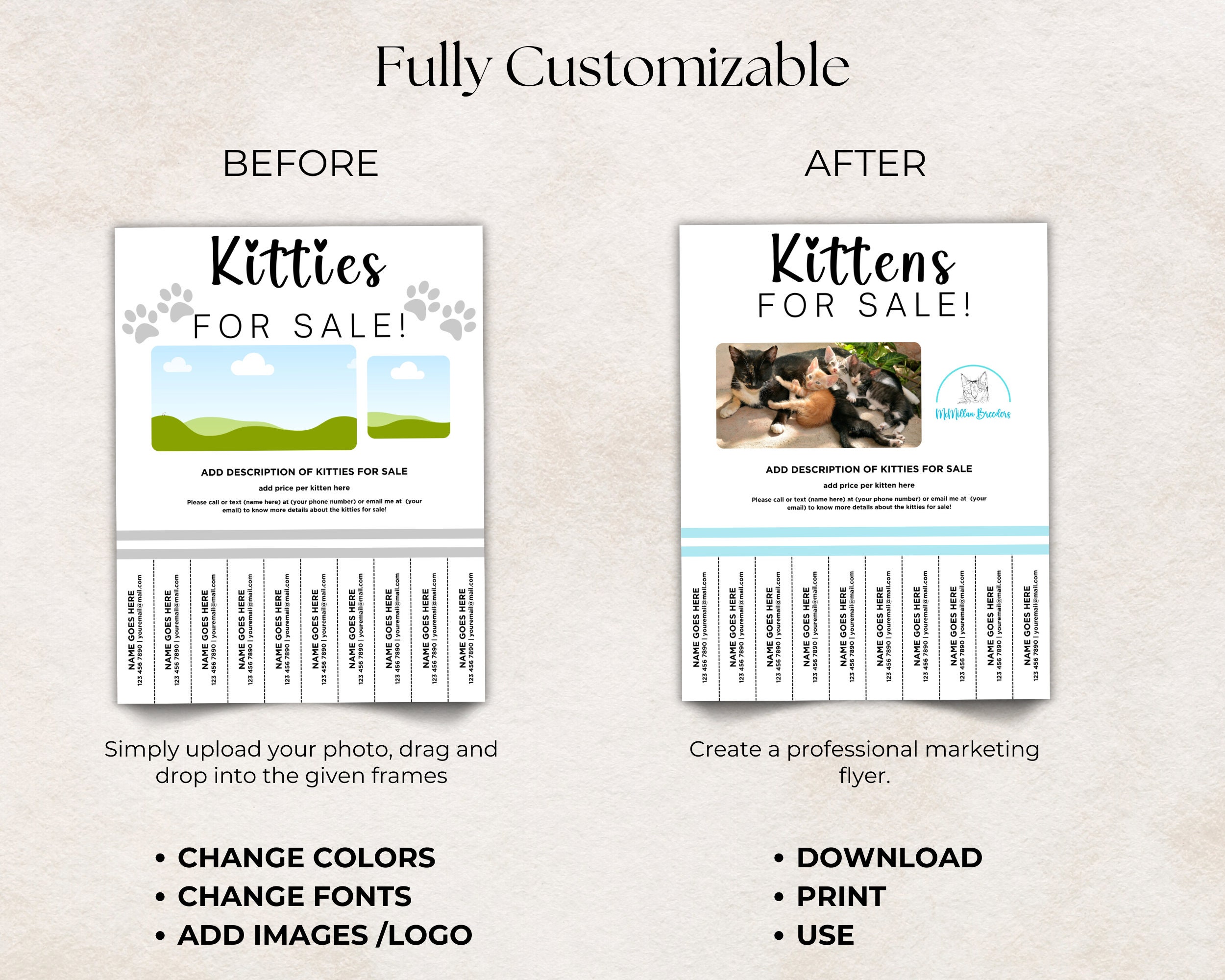 Editable Kitten Marketing Flyer, Cat Adoption Kitty Tear off Flyer ...