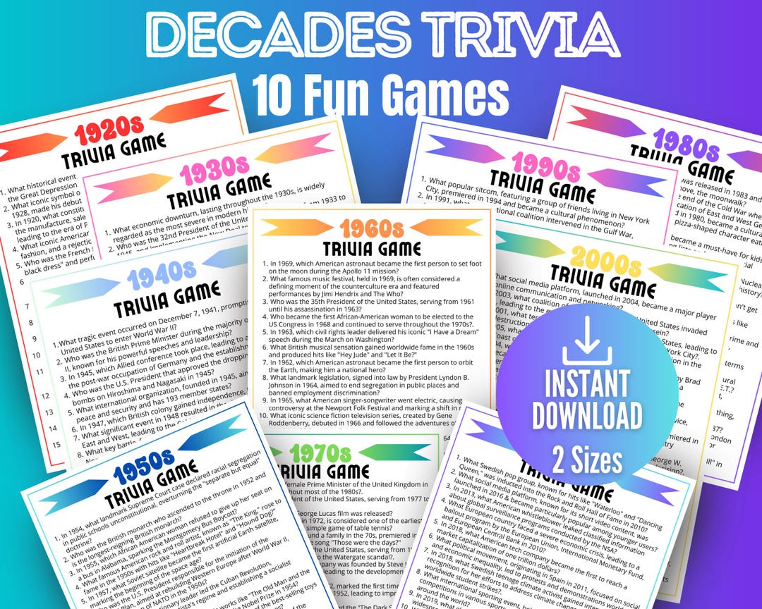 Decades Trivia Game Bundle, Trivia Questions 20s, 30s, 40s, 50s, 60s ...