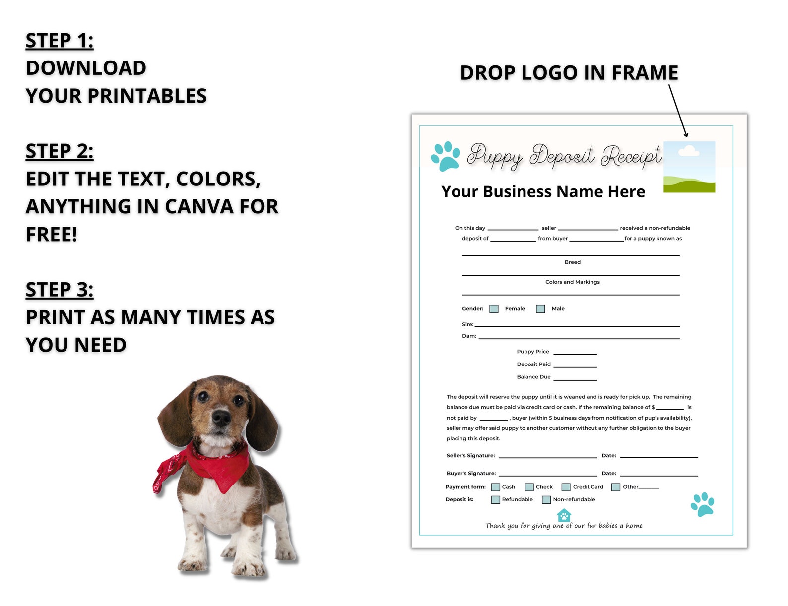 Editable Puppy Deposit Receipt Dog Breeder Records Dog - Etsy
