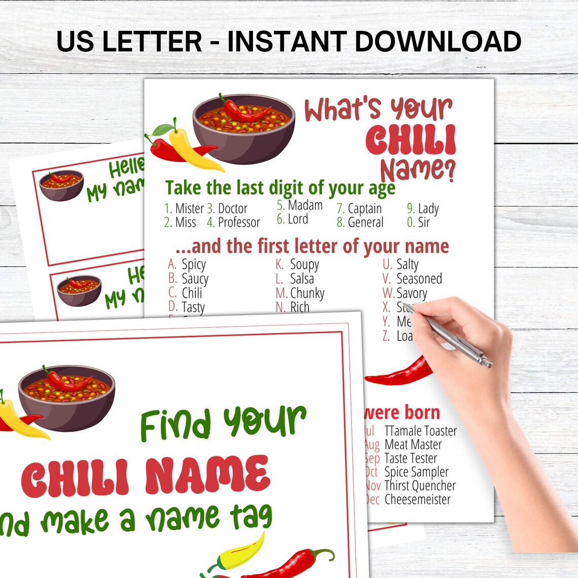 What's Your Chili Name Game WITH NAMETAGS + SIGN, Chili Party Game ...