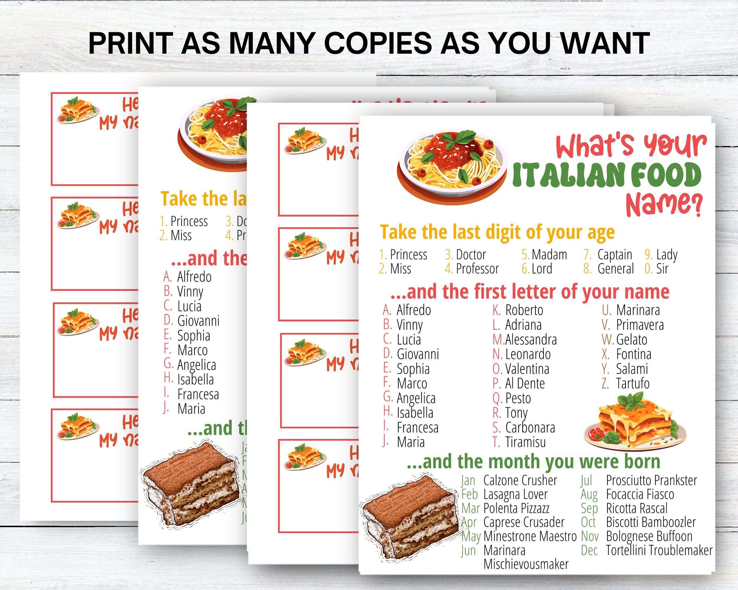 What's Your Italian Food Name Game WITH NAMETAGS +SIGN, Pasta Dinner ...