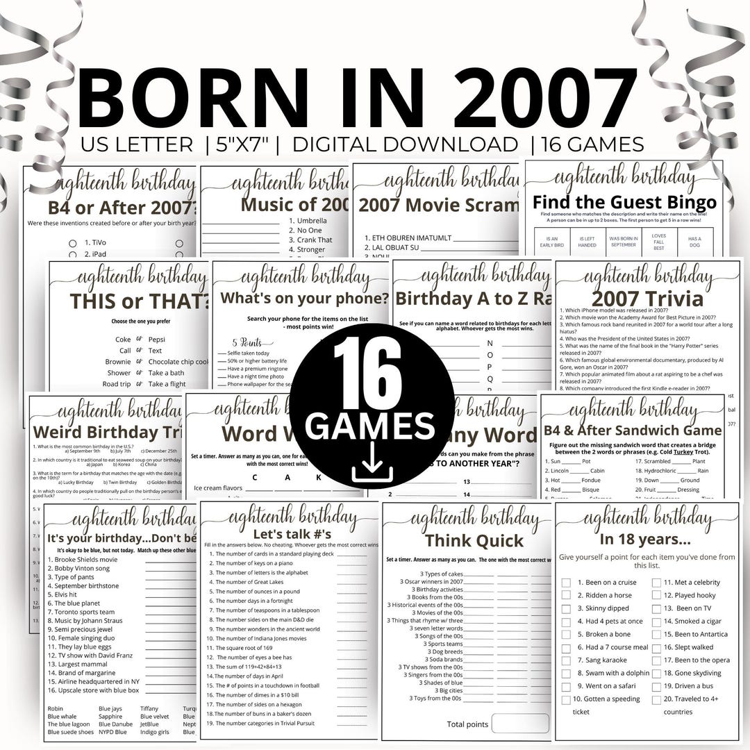 18th Birthday Party Games, Born in 2007 Game, 2007 Birthday Games, 18th ...