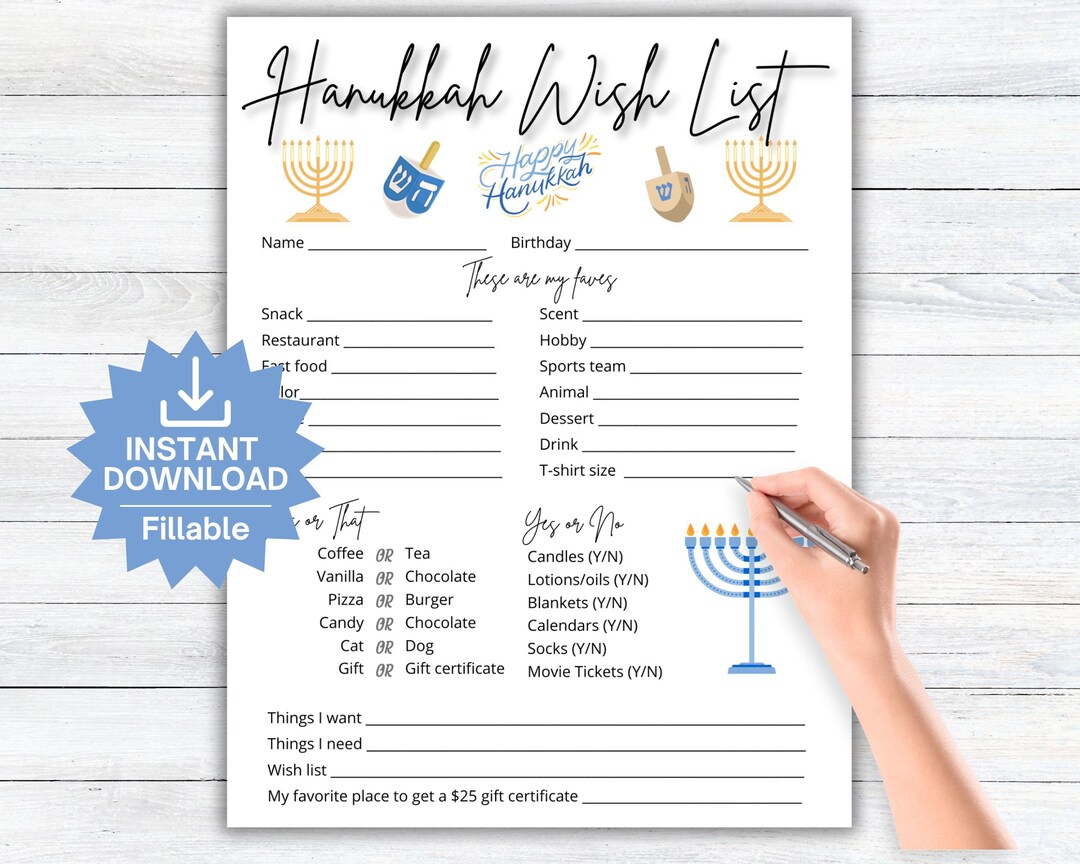 Hanukkah Wish List, Coworker Chanukah Questions Printable, All About Me ...