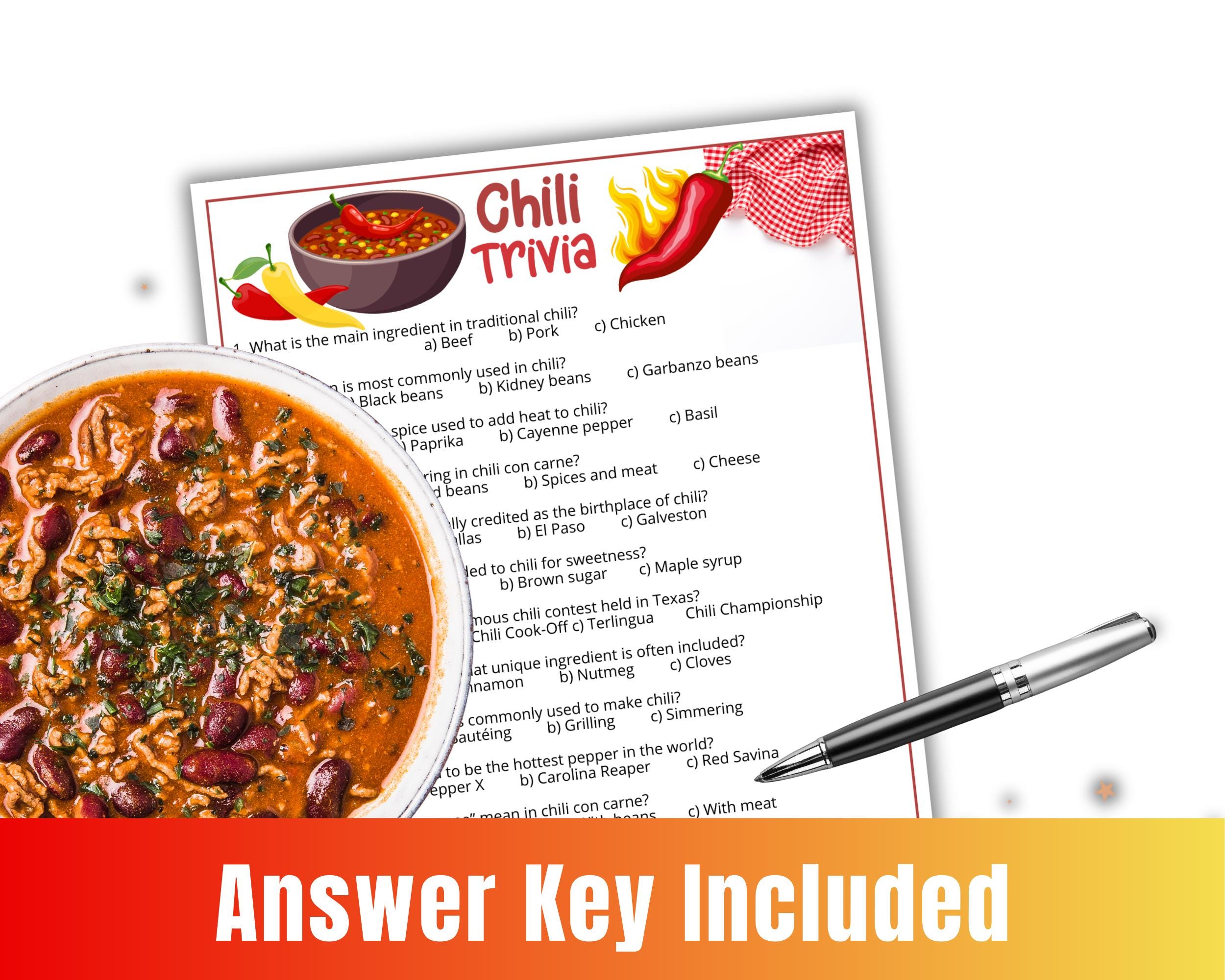 Chili Trivia Game, Printable Chili Cookoff Game for Kids & Adults ...