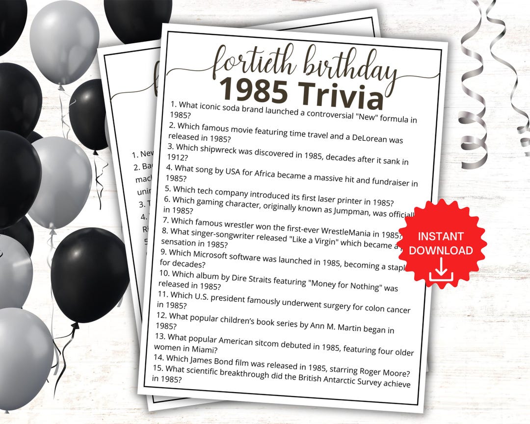 1985 Trivia Game, 40th Birthday Party Games, Born in 1985 Game, 1985 ...