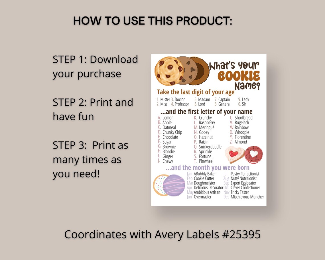 What's Your Cookie Name Game WITH NAMETAGS + SIGN, Cookie Birthday ...