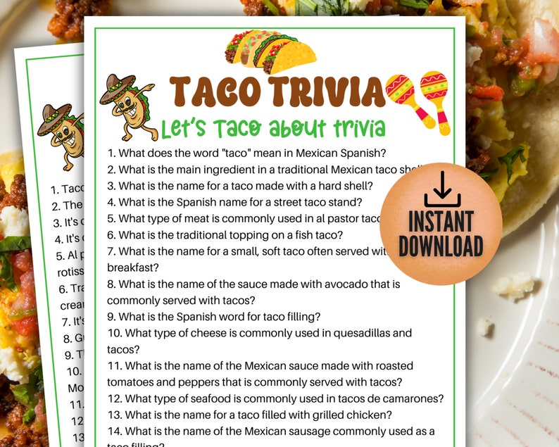 Taco Trivia Game,printable Mexican Fiesta Game for Kids & Adults, Cinco ...