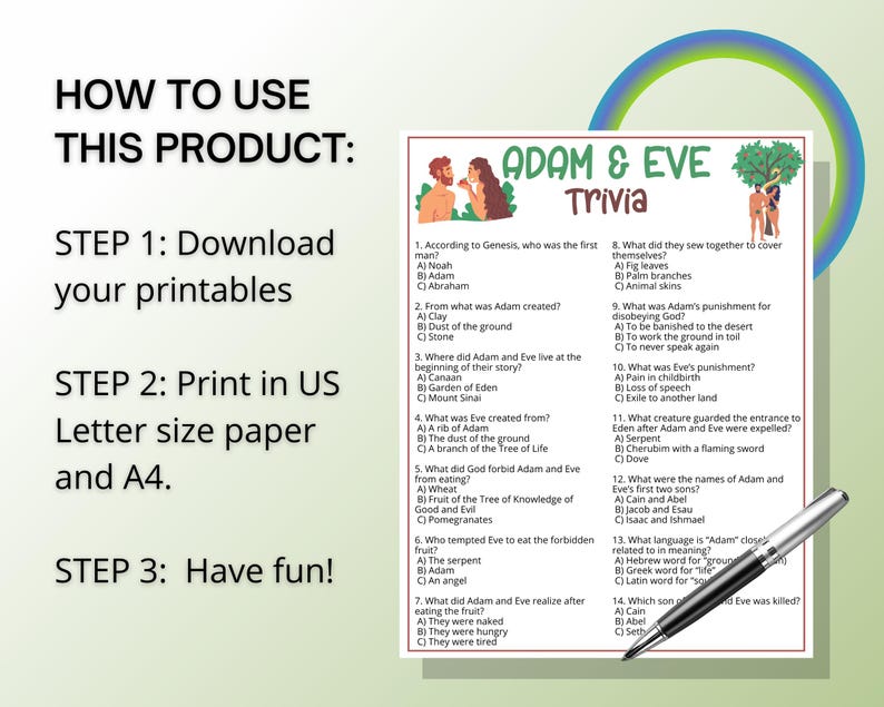 Adam and Eve Trivia Game for Kids, Sunday School Bible Games, Old ...