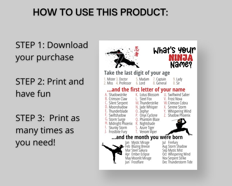 What's Your Ninja Name Game WITH NAMETAGS SIGN, Ninja Theme Party Game ...