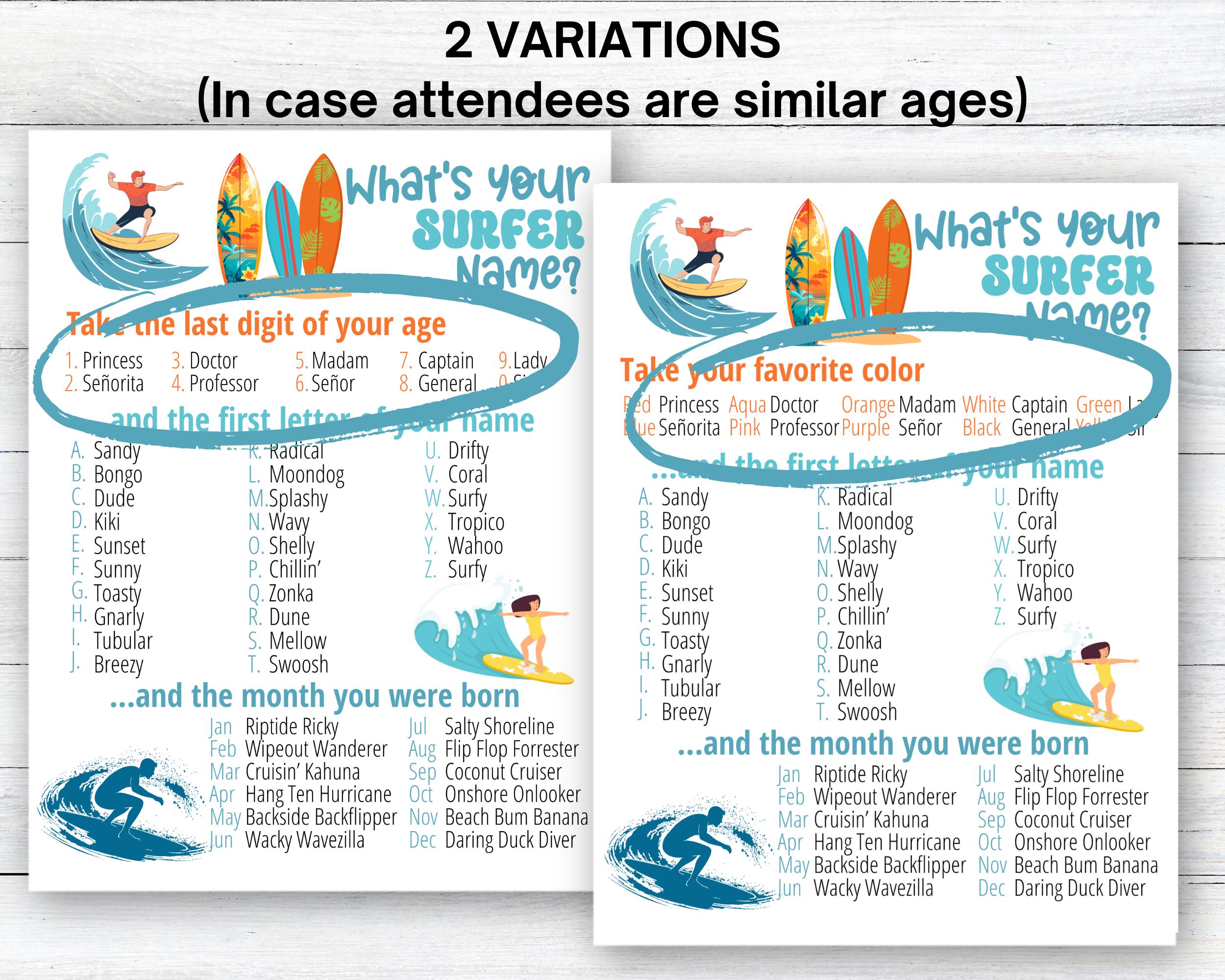 What's Your Surfer Name Game WITH NAMETAGS + Sign,beach Vacation Party ...