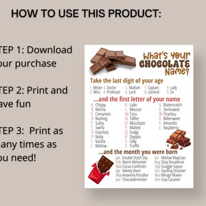 What's Your Chocolate Name Game WITH NAMETAGS SIGN, Chocolate Party Game, Chocolate Bar Activity ...