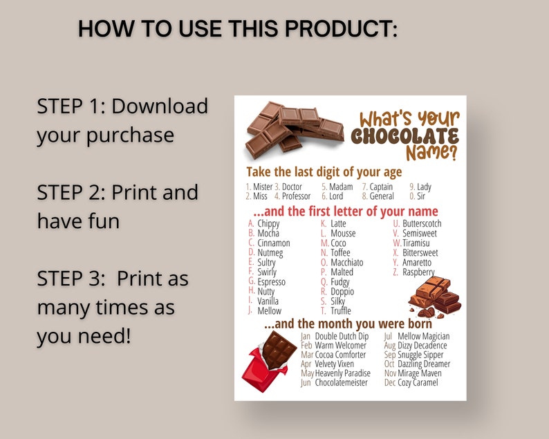 What's Your Chocolate Name Game WITH NAMETAGS SIGN, Chocolate Party ...