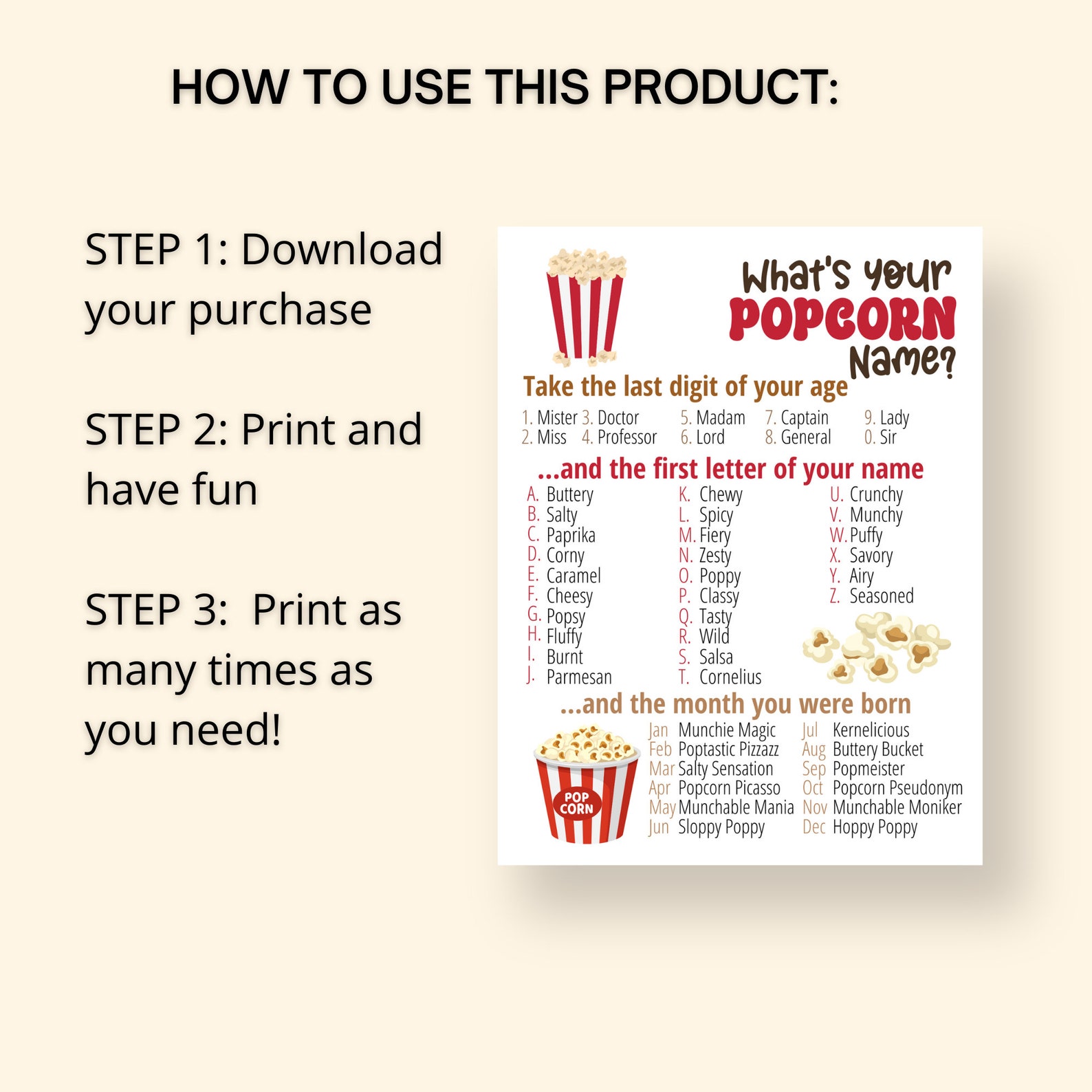 What's Your Popcorn Name Game WITH NAMETAGS SIGN, Popcorn Party Game ...
